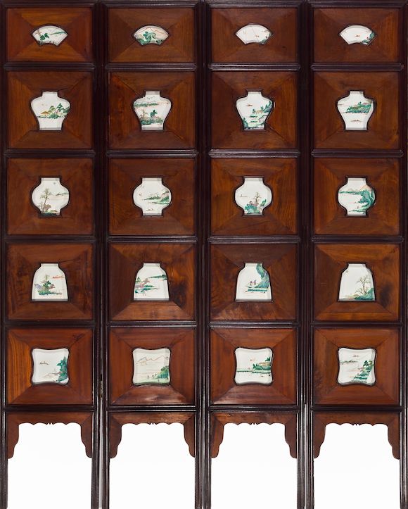 Bonhams : A mixed wood four-panel floor screen inset with porcelain ...
