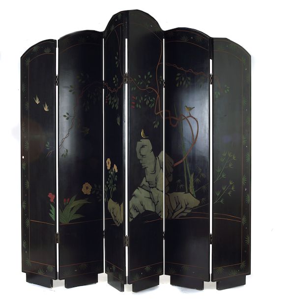 Bonhams : An unusual Chinese black lacquer and gold six panel rounded ...