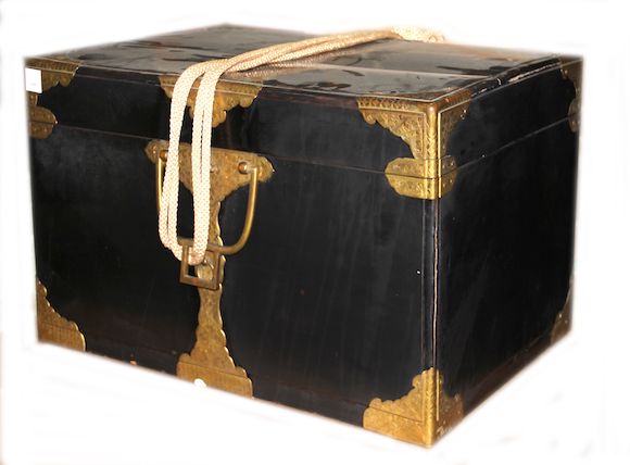 Bonhams : A Japanese black laquered wood carrying box (hasami bako)