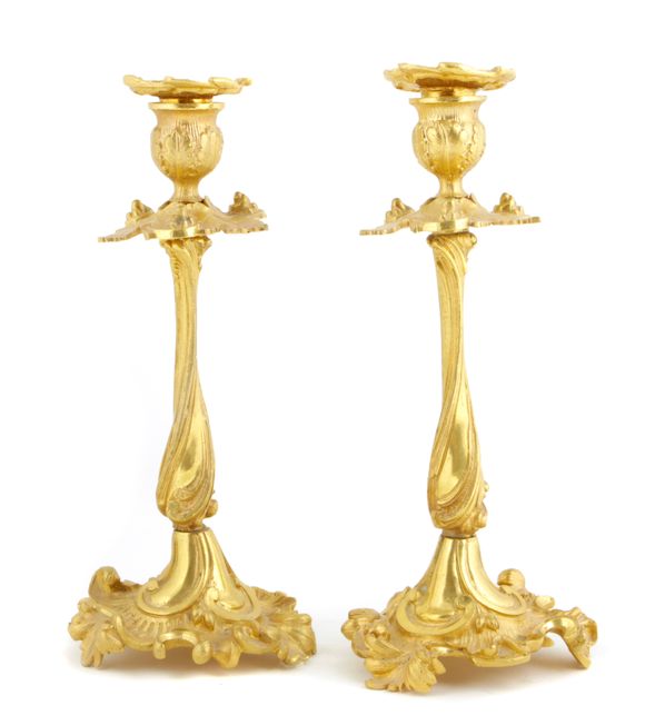 Bonhams : A pair of Rococo style gilt bronze candlesticks