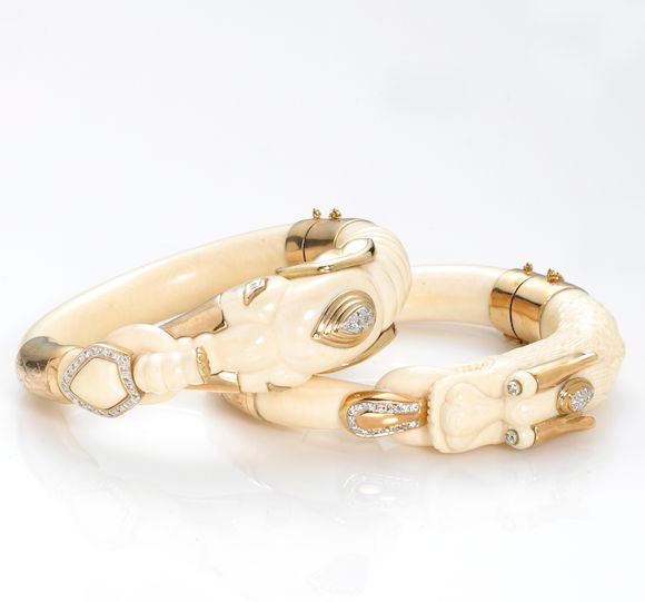 Bonhams : A pair of carved ivory and diamond bangle bracelets