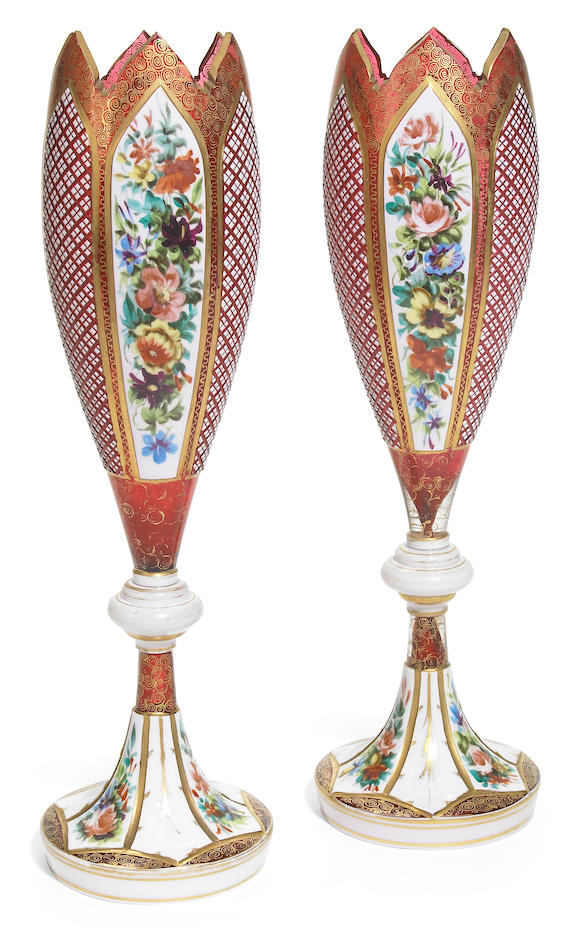 Bonhams A Pair Of Bohemian White Overlay And Cranberry Glass Vases