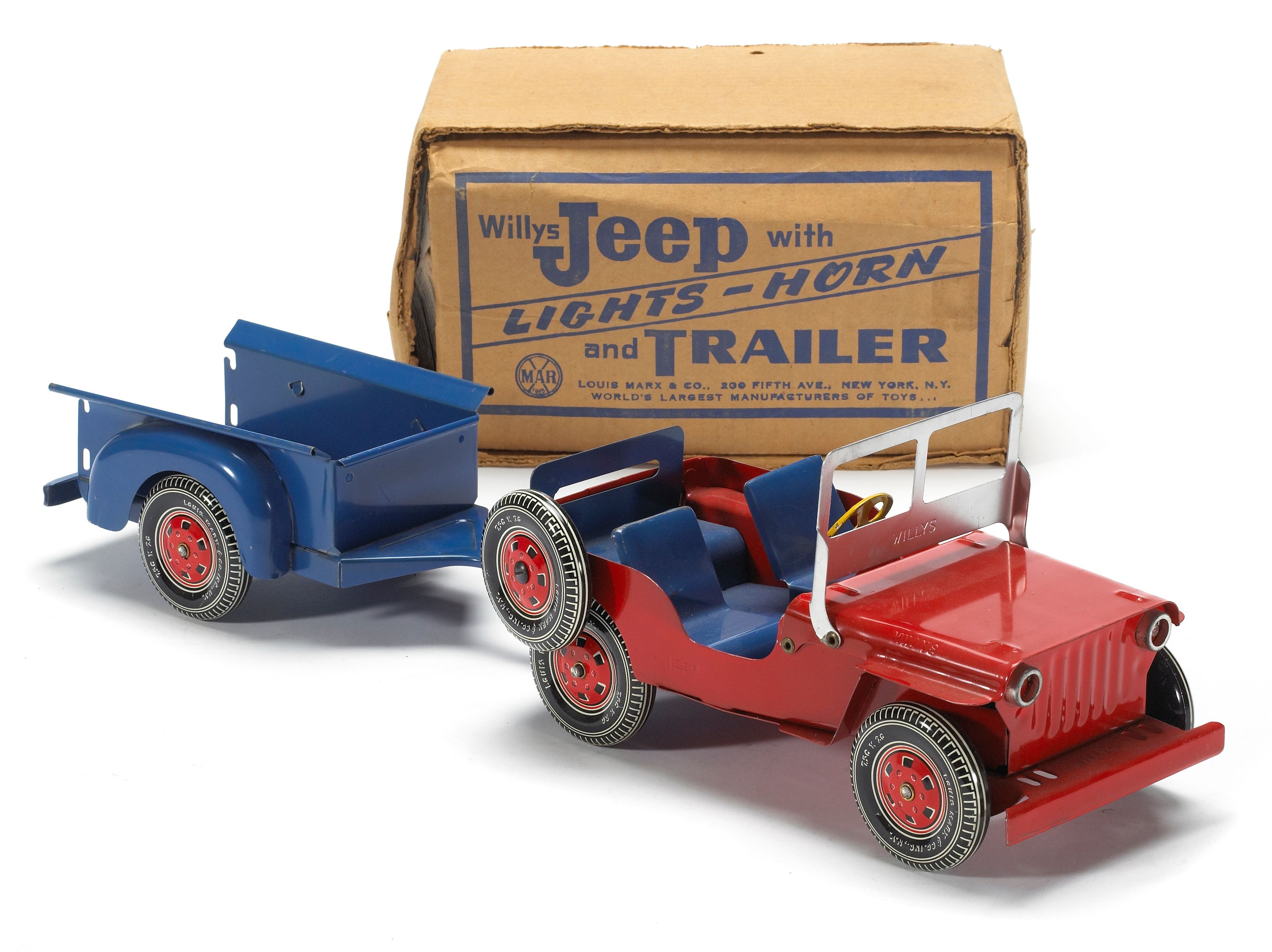 Bonhams Cars : A Marx Willys Jeep tin toy with trailer in original box