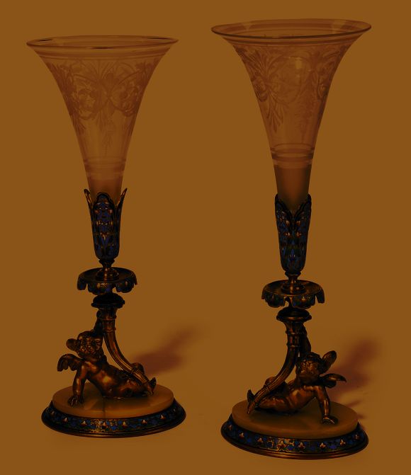 Bonhams : A pair of French gilt bronze champlevé, onyx and etched glass ...