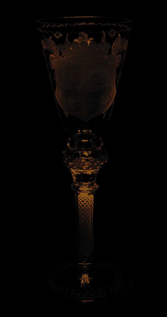 Bonhams : A Continental engraved glass goblet with opaque twist stem