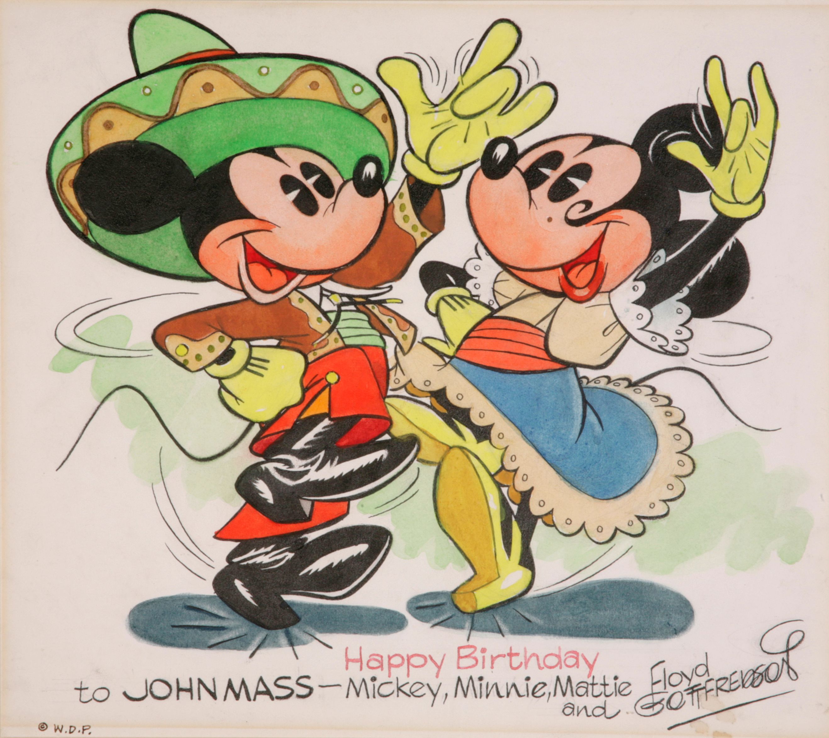 Bonhams : A Floyd Gottfredson watercolor of Mickey and Minnie Mouse