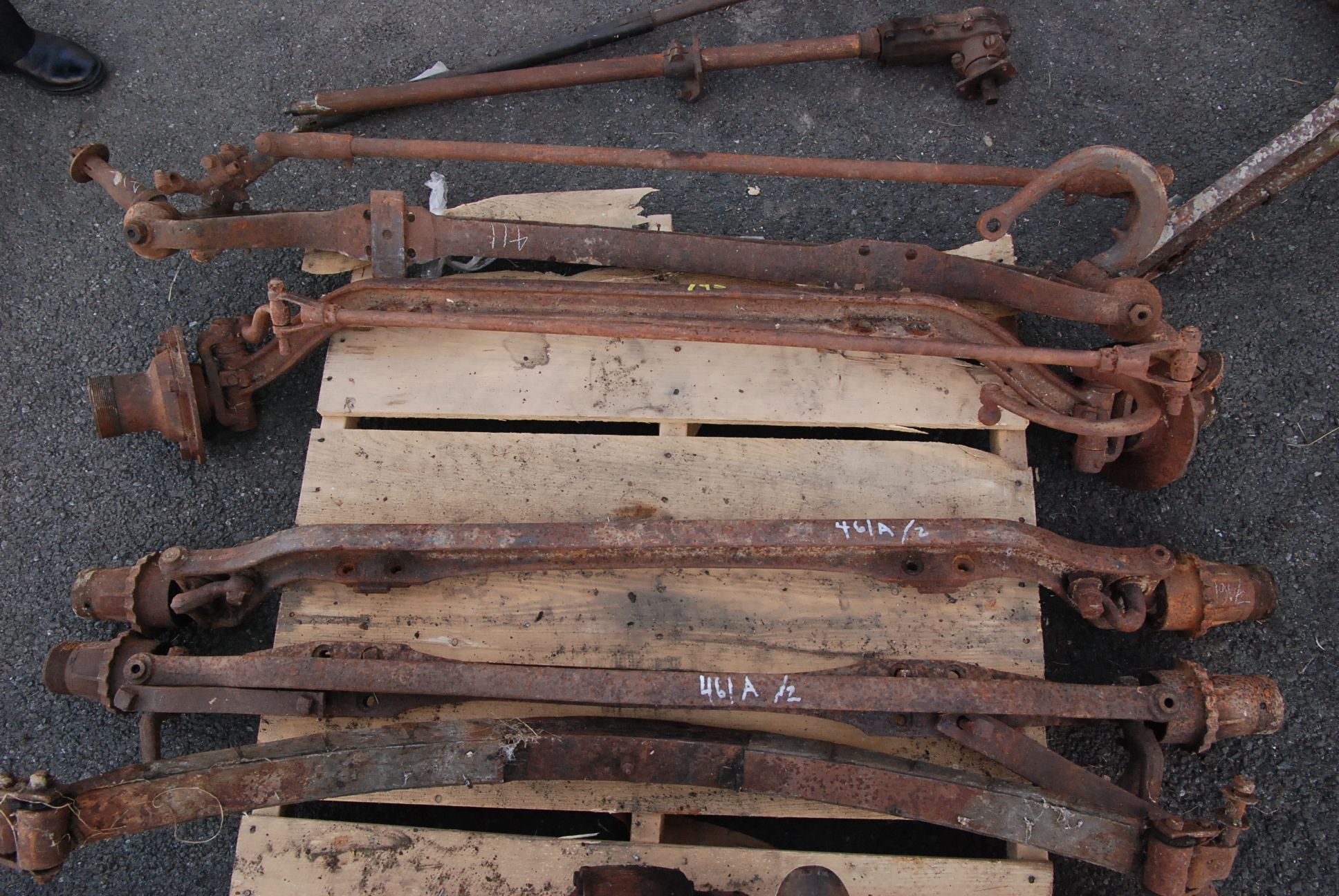 Bonhams Cars : Two front axels with small wire wheels