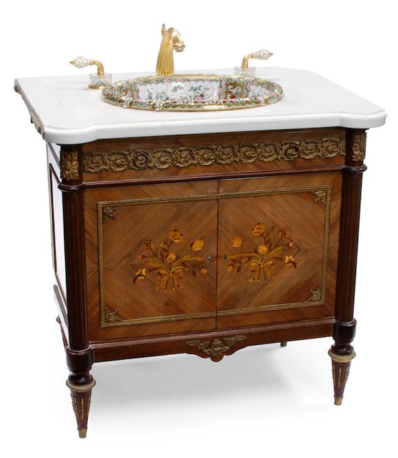 Bonhams : A Louis XVI style gilt bronze mounted marquetry sink commode ...