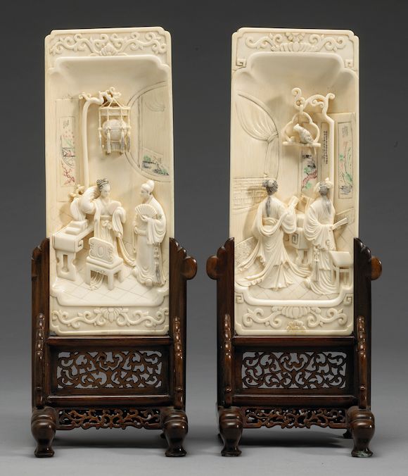 Bonhams : A pair of carved ivory rectangular panels 20th century