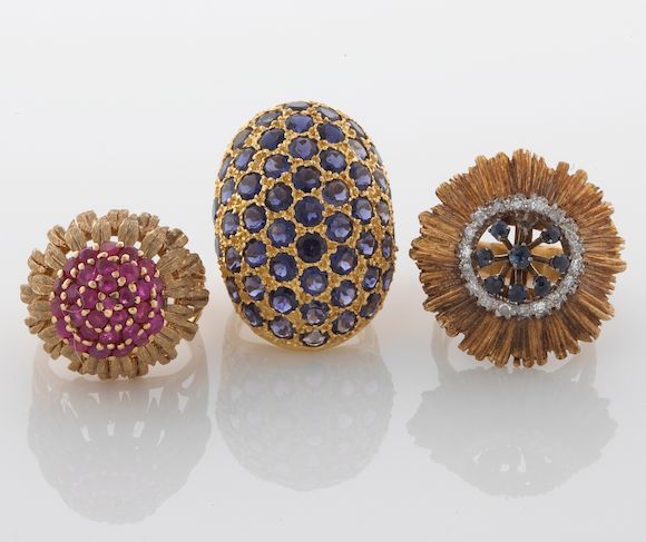 Bonhams : A collection of three iolite, ruby, sapphire, diamond, 14k ...