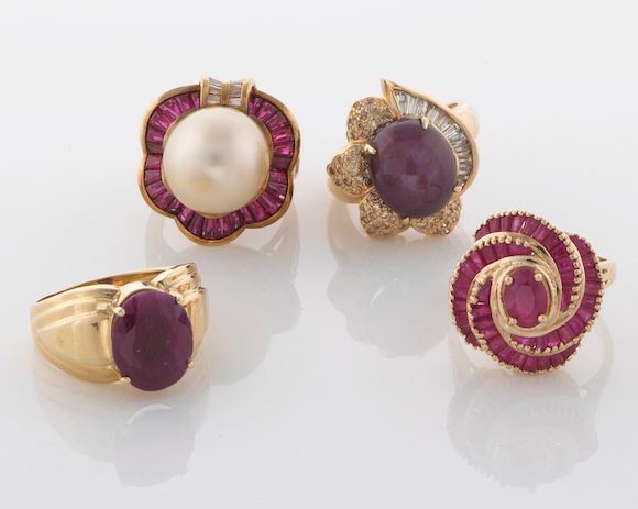 Bonhams : A collection of four ruby, star ruby, cultured pearl, diamond ...