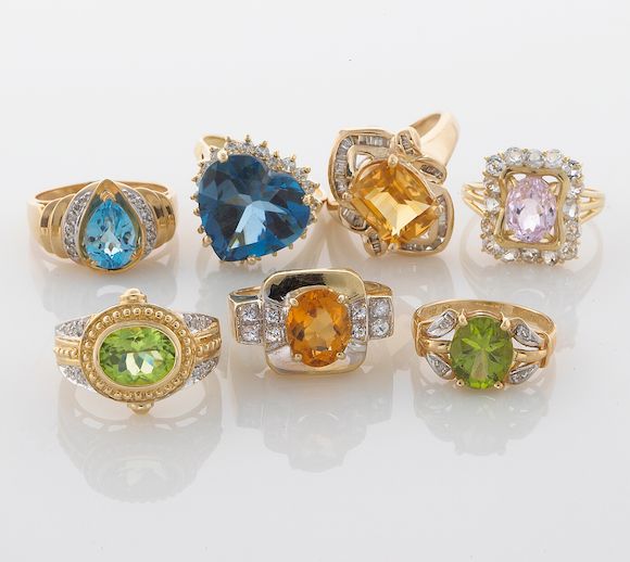 Bonhams : A collection of seven gem-set, diamond and 14k gold rings