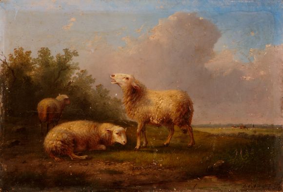 Bonhams : Auguste Coomans (Belgian, 1855-1896) Sheep in a meadow 7 x 10 ...