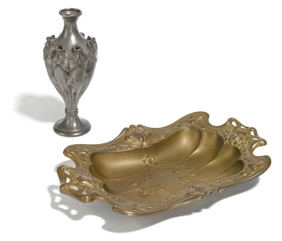 Bonhams : A Jugendstil pewter fish vase and a brass tray