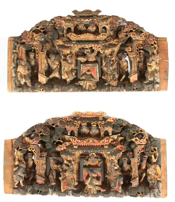 Bonhams : A pair of Chinese carved and polychrome decorated altar panels