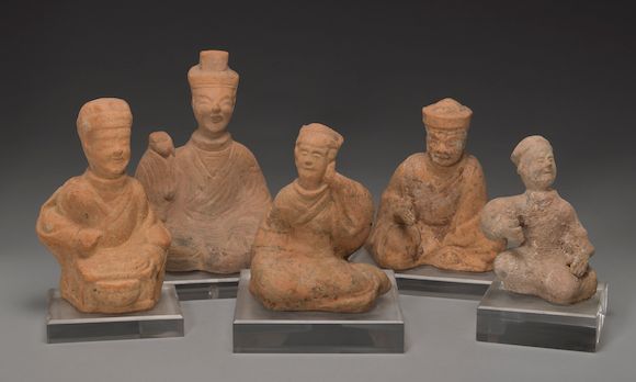 Bonhams : An assembled group of five red pottery funerary figures Han ...