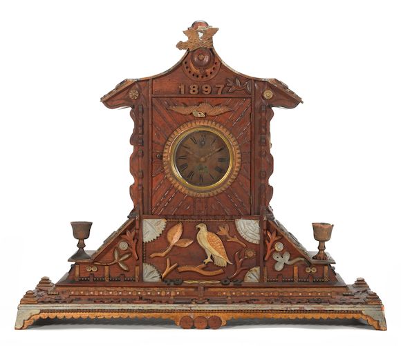 Bonhams : A Tramp Art carved and parcel gilt shelf clock circa 1900