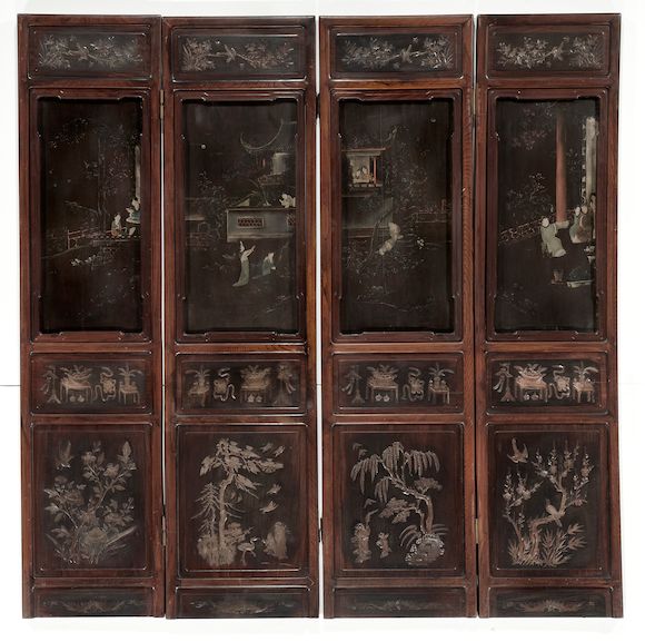 Bonhams : A mixed wood four-panel screen inset with painted lacquer ...
