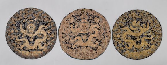 Bonhams : A group of six embroidered circular dragon roundels Late Qing ...