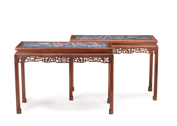 Bonhams : A pair of cloisonne enamel mounted hardwood side tables 20th ...