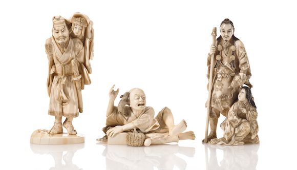 Bonhams : Three ivory figures (okimono) By Nobuyoshi and others, late ...