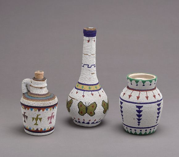 Bonhams : Three unusual Native American beaded bottles or jars