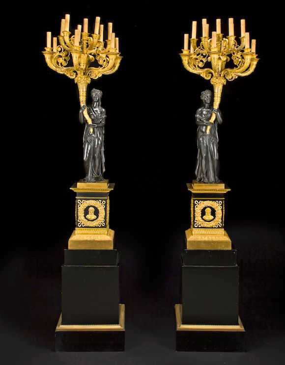 Bonhams : A very fine pair of Empire patinated and gilt bronze figural ...