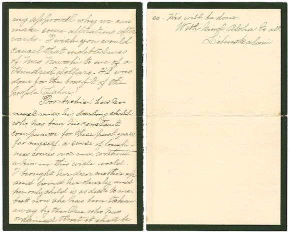 Bonhams : HAWAII—ROYALTY. QUEEN LILIUOKALANI. 1838-1917. Partial ...