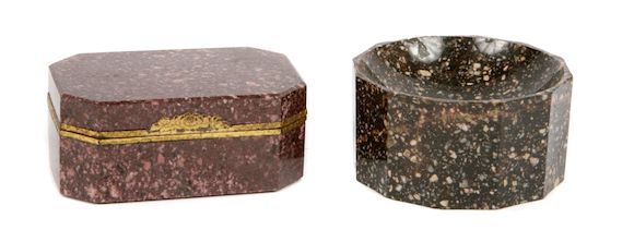 Bonhams : A gilt metal mounted porphyry snuff box and a small bowl