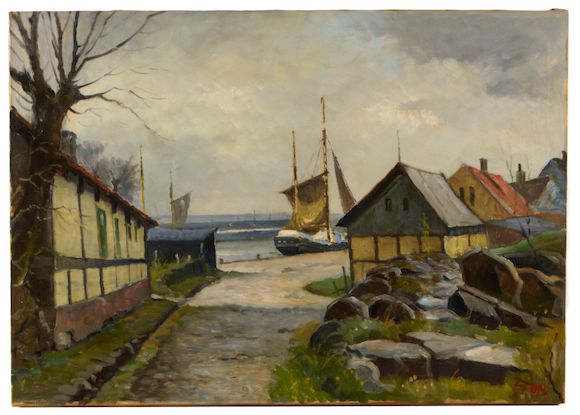 Bonhams : Einar Gross (Danish, 1895-1962) Harbor scene 28 x 40in