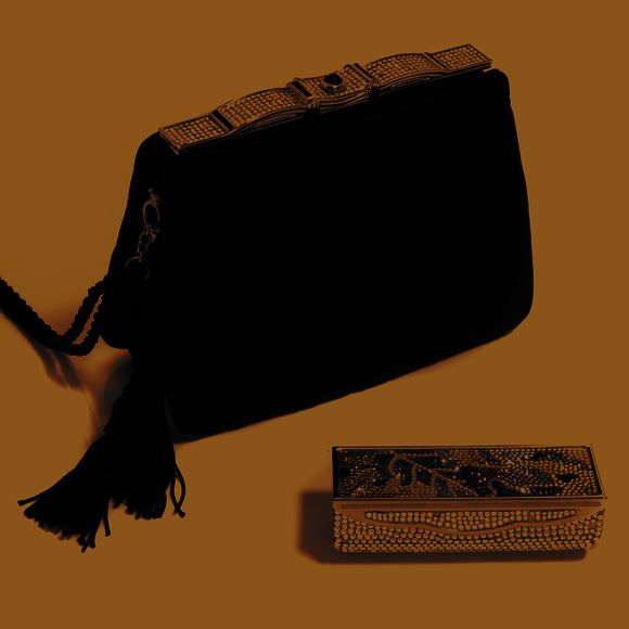 Bonhams : A black satin purse with black and silver crystal scrolling ...