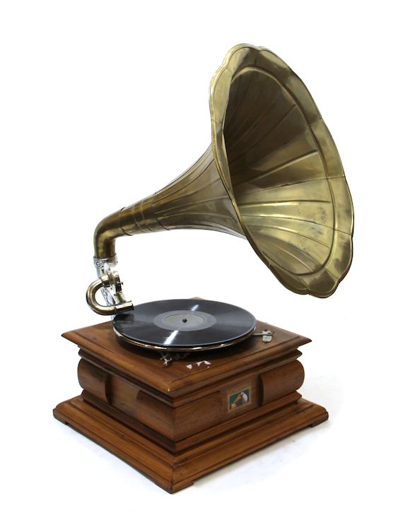 Bonhams : An English oak cased wind up table top gramophone with brass ...