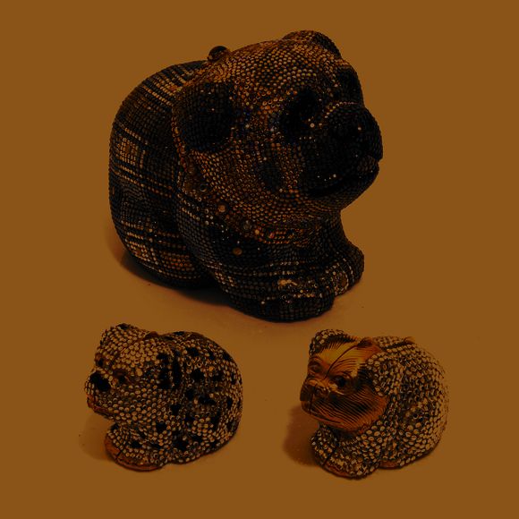 Bonhams : A plaid crystal Pug dog minaudiere together with two Pug dog ...