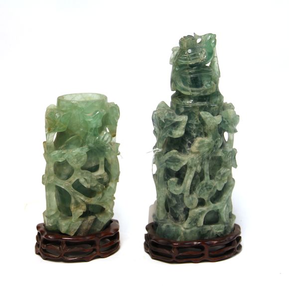 Bonhams : Two reticulated green quartz vases