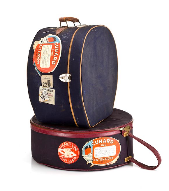 Bonhams : Two similar blue fabric-covered traveling hat boxes with ...