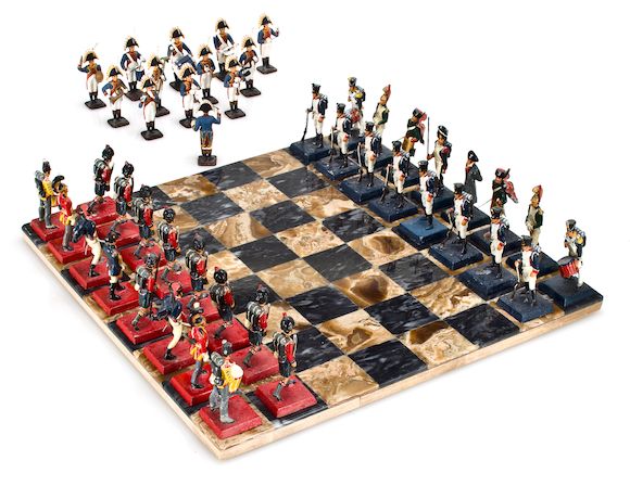 Bonhams : A Continental painted pewter chess set with onyx board and a ...