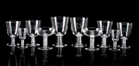 Bonhams : A suite of Steuben glass monogrammed stemware with air twist ...