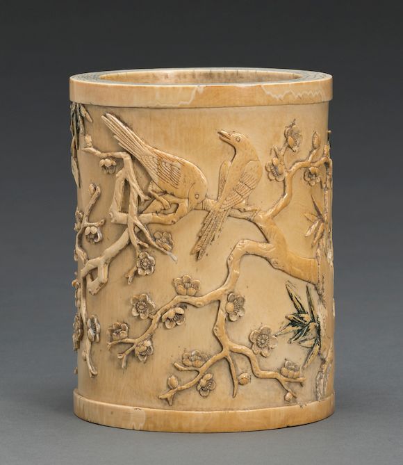 Bonhams : A carved and tinted ivory brush pot with bird and flower ...