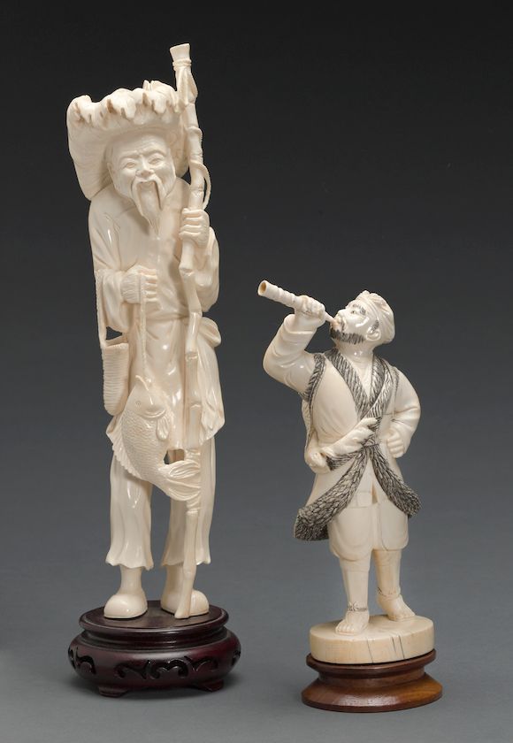 Bonhams : Two carved ivory figures 20th century