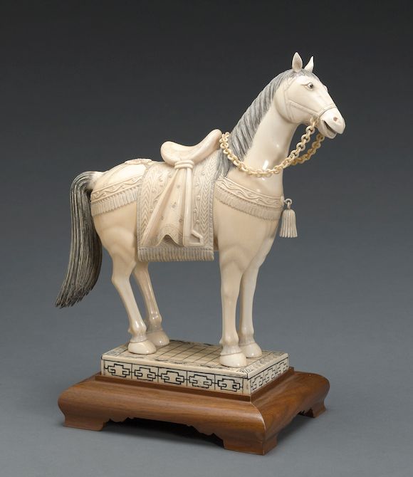 Bonhams : A pieced and tinted ivory horse on tiled ivory stand 20th century