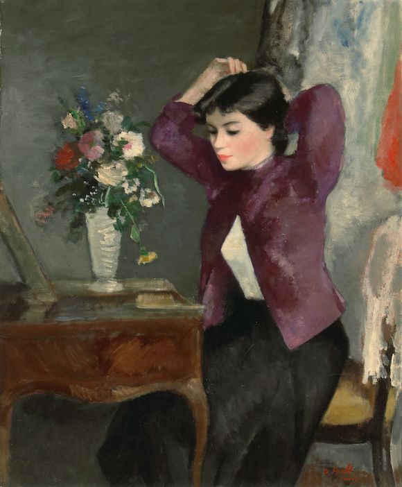 Bonhams : François Gall (French, 1912-1987) Woman in an interior fixing ...
