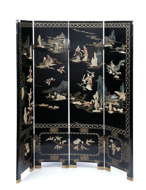 Bonhams : A Chinese inlaid four panel lacquered screen