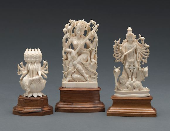 Bonhams : A group of three Indian ivory carvings of Hindu deities