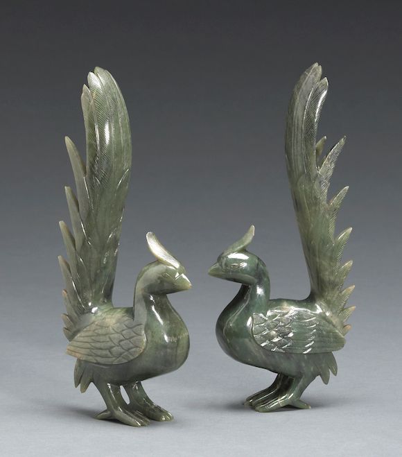 Bonhams : A pair of carved spinach jade phoenix 20th century