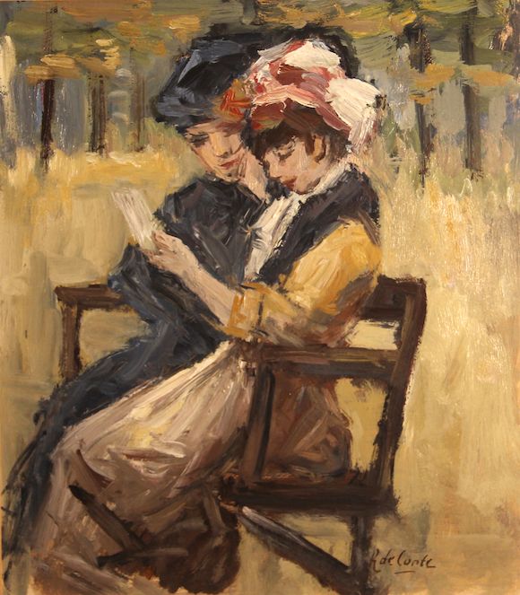Bonhams : Unknown Artist Two women reading; Figures on the beach (2 ...
