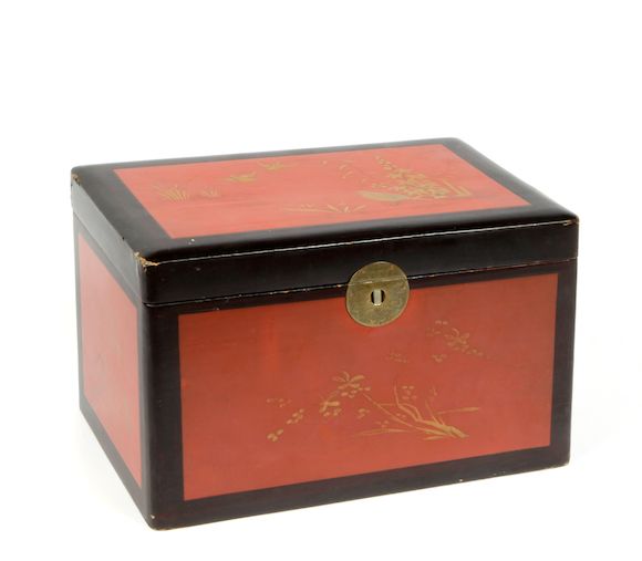 Bonhams : A Chinese red and black lacquer tea box with fitted interior