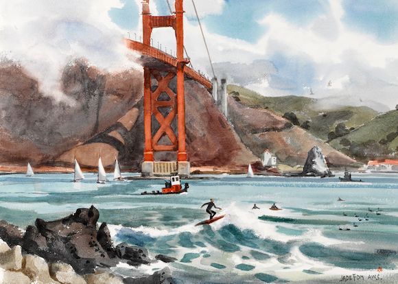 Bonhams : Jade Fon (American, 1911-1983) Surfers at the Golden Gate ...