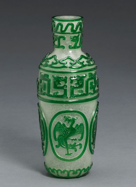 Bonhams : A snowflake and green overlay Peking glass vase Qianlong mark