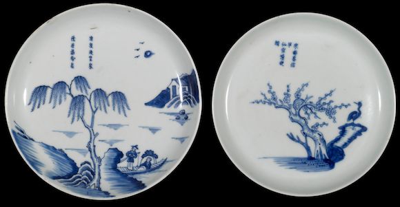 Bonhams : Two blue and white porcelain plates with landscape designs ...