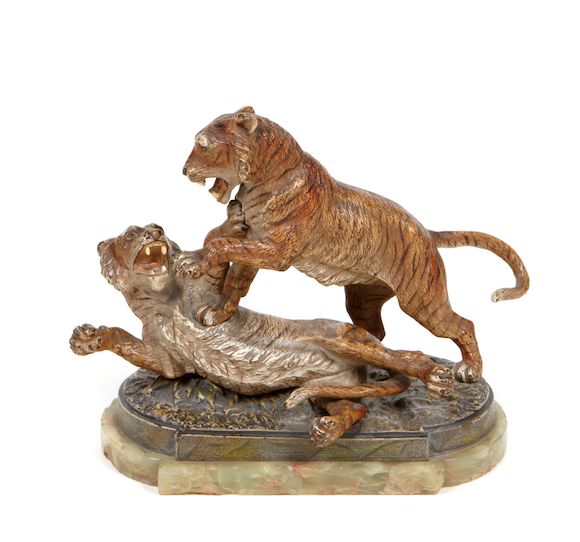 Bonhams : An Austrian cold painted bronze depicting two tigers